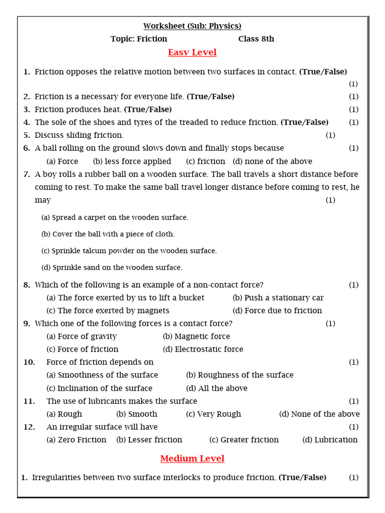 Work Sheet On Friction Class 8th | PDF | Friction | Force