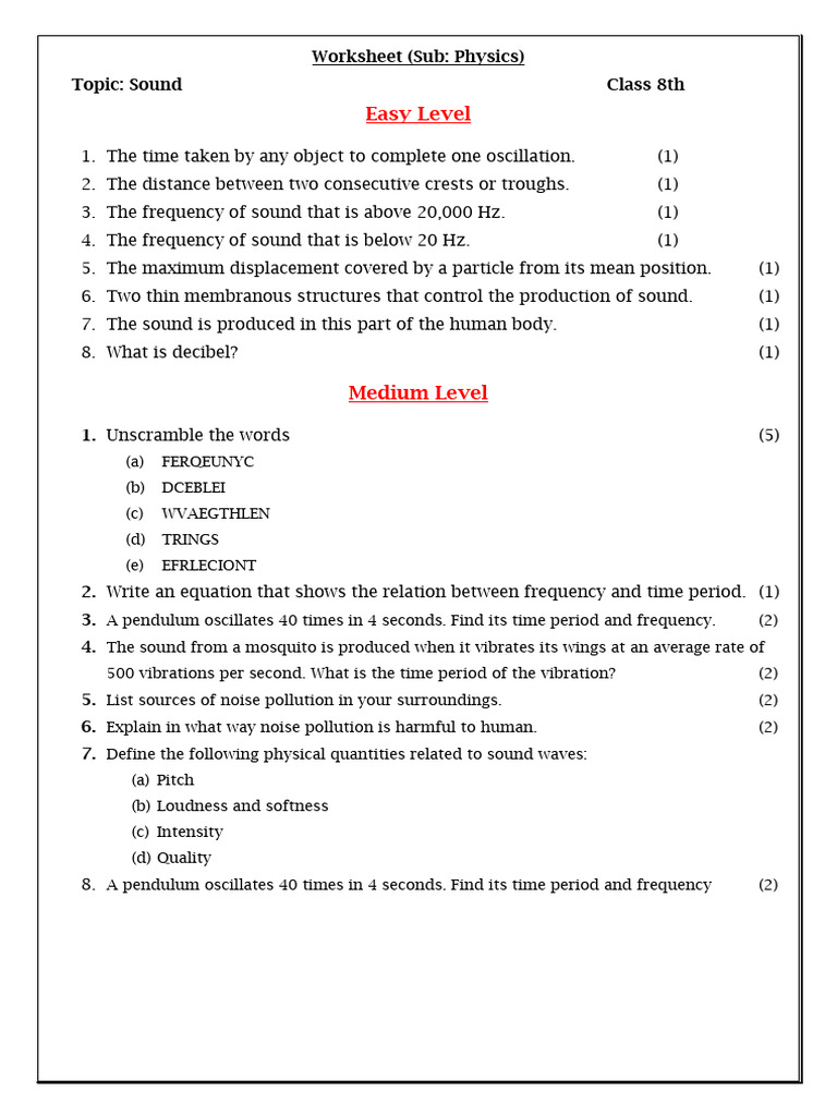 Work Sheet On Sound (Class 8th) | PDF | Sound | Frequency