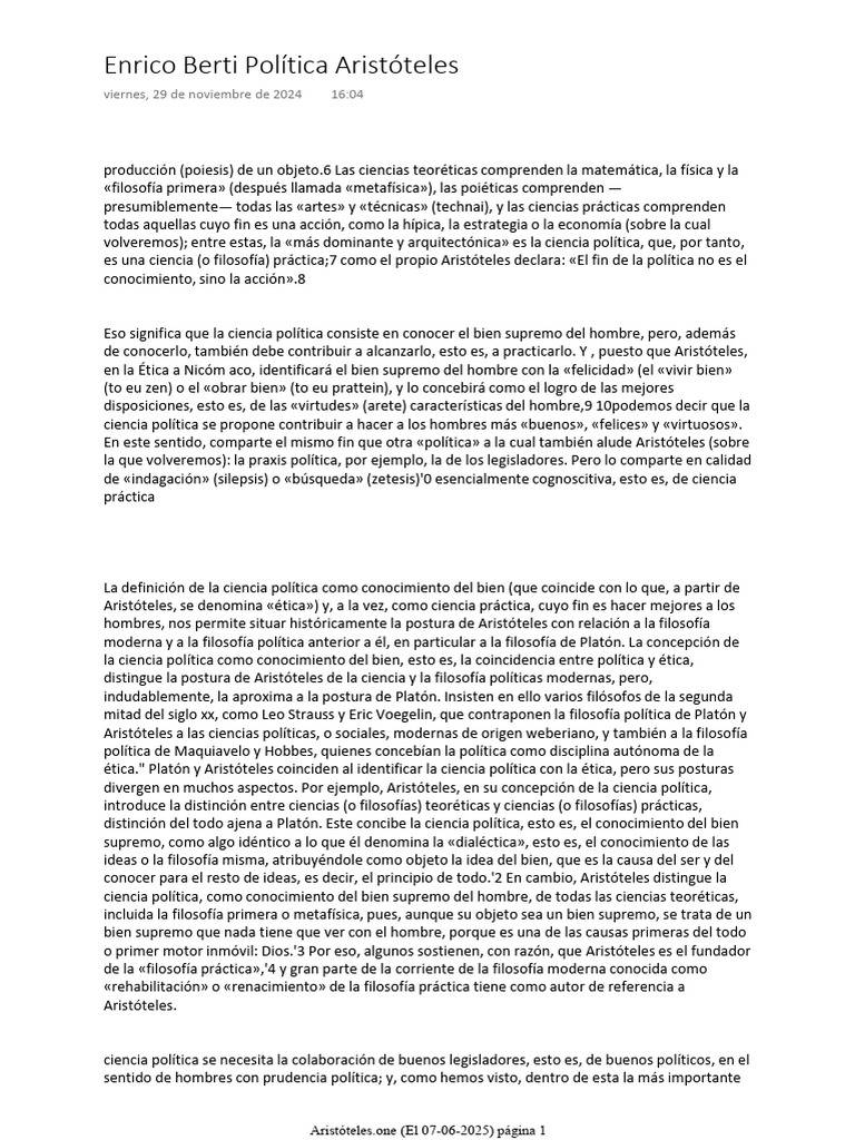 Enrico Berti Política Aristóteles | PDF | Aristóteles | Platón