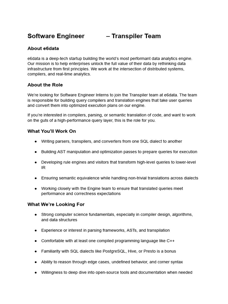 JD - Software Engineer (Transpiler) | PDF
