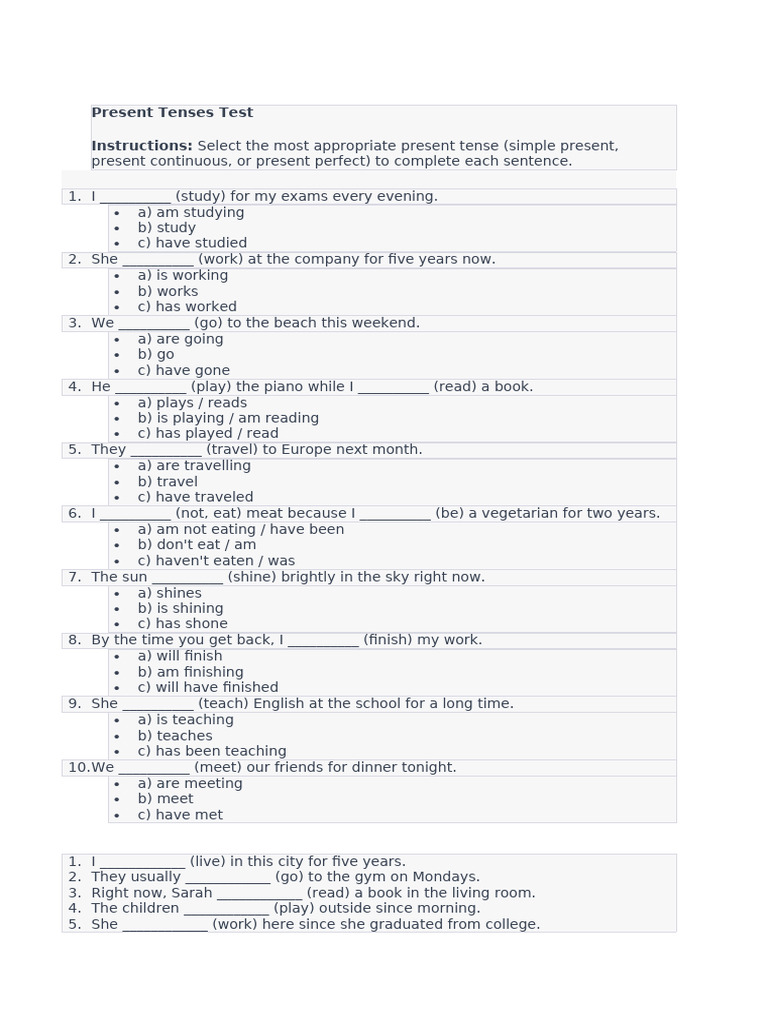 Present Tenses and Exercises Test | PDF
