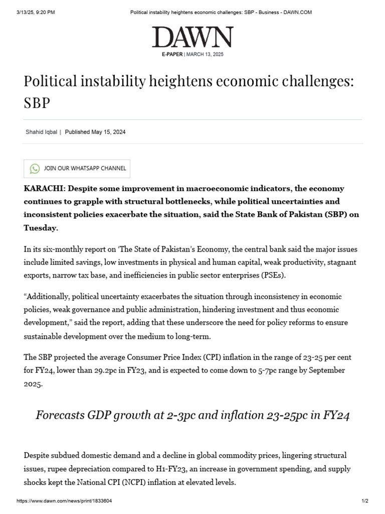 Political Instability Heightens Economic Challenges - SBP - Business ...