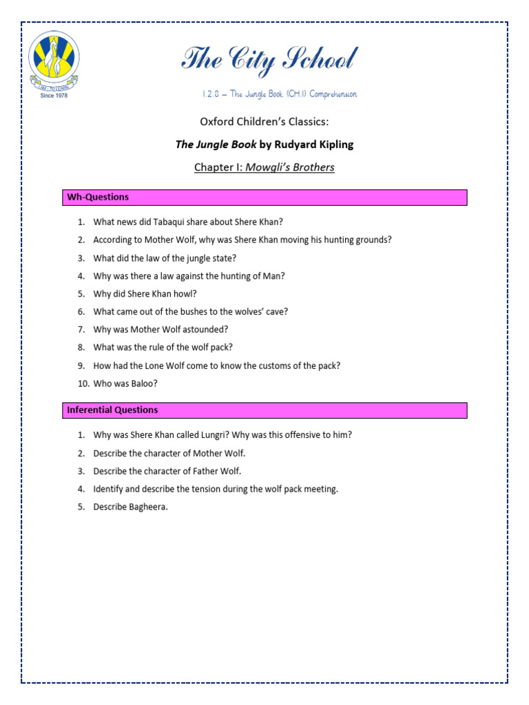 Jungle Book Chapter 1 Comprehension Questions | PDF