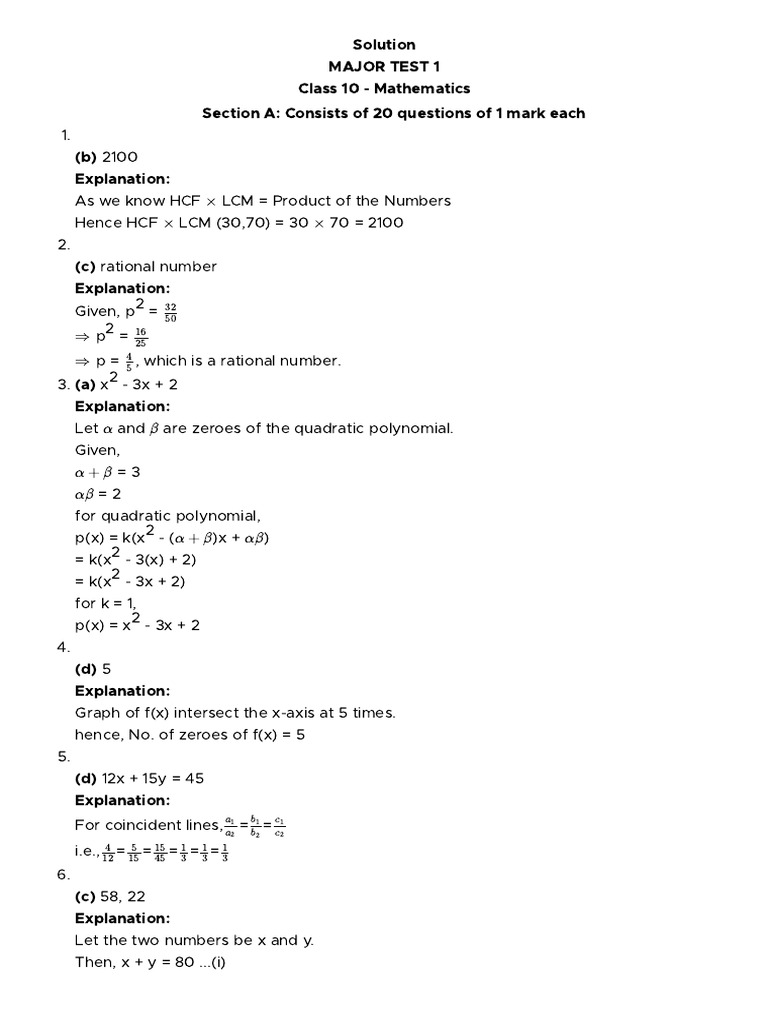 Term 1 Major Test 1 Class 10 Math Ap | PDF | Mathematics | Algebra