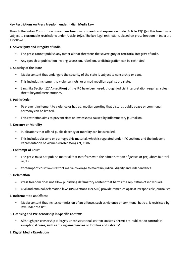 Key Restrictions On Press Freedom Under Indian Media Law | PDF ...