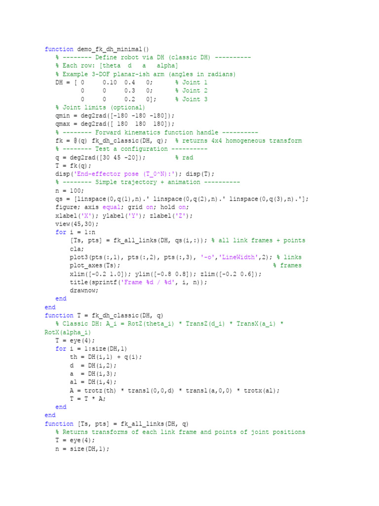 Matlab Code Forward Kinematics | PDF | Kinematics | Classical Geometry
