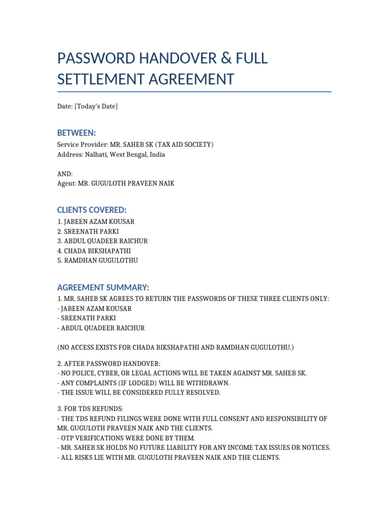 Password Handover Agreement | PDF