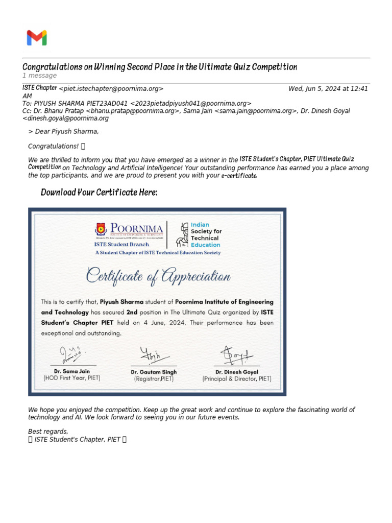 Gmail - Congratulations On Winning Second Place in The Ultimate Quiz ...