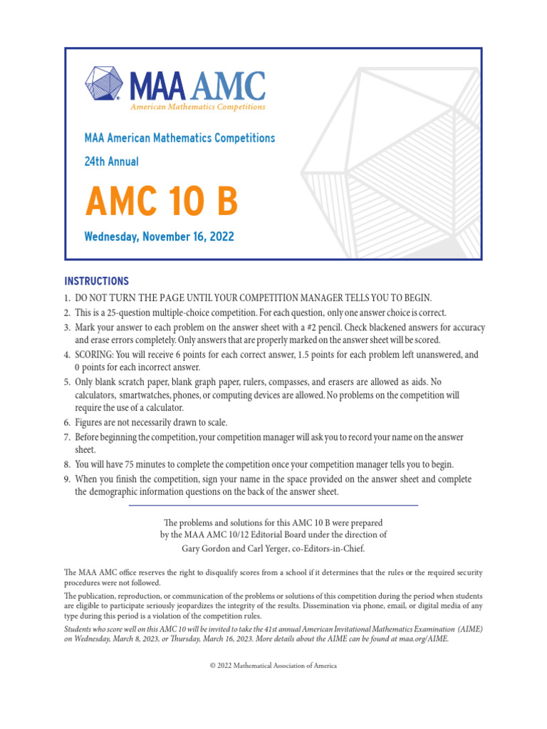 AMC 10 B 2022 Competition Instructions | PDF | Polynomial | Prime Number