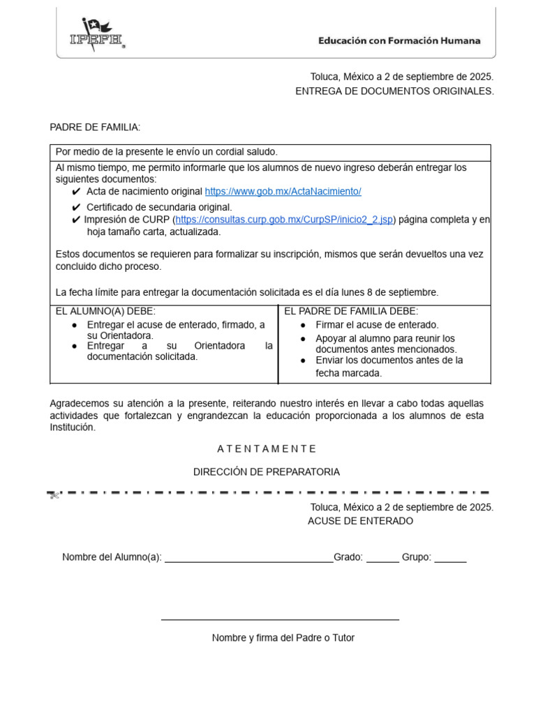 Circular Entrega de Documentos Originales 2025 | PDF