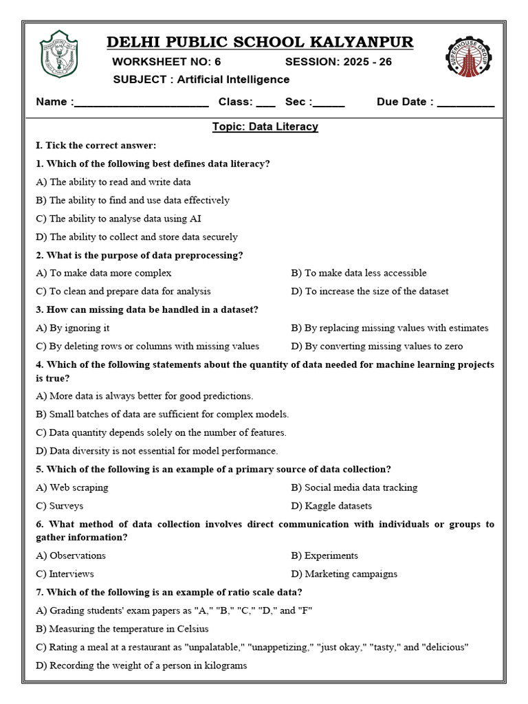 Class 11 Data Literacy AI Worksheet | PDF | Data | Artificial Intelligence