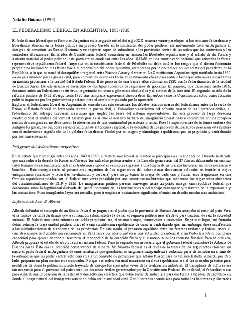 Resumen - Natalio Botana (1993) "El Federalismo Liberal en Argentina ...