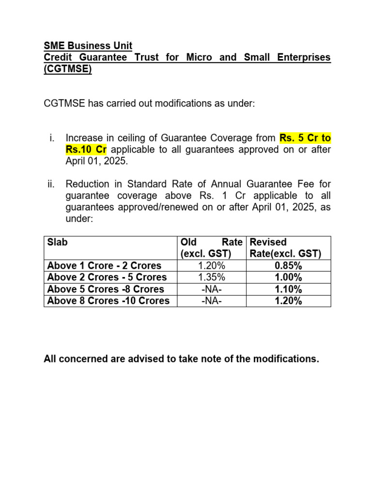 Modification - Cgtmse Guarantee Coverage Upto 10 CR | PDF