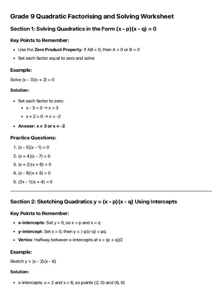 Grade 9 Quadratic Factorising and Solving Worksheet | PDF | Quadratic Equation | Algebra