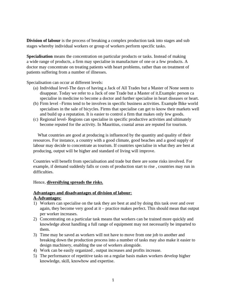 Division of Labour and Specialisation Risks | PDF | Division Of Labour ...