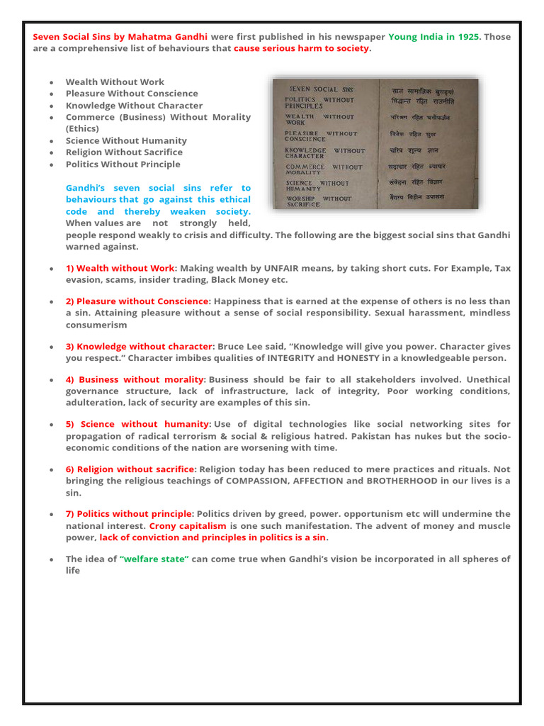 Gandhi's Seven Social Sins Explained | PDF