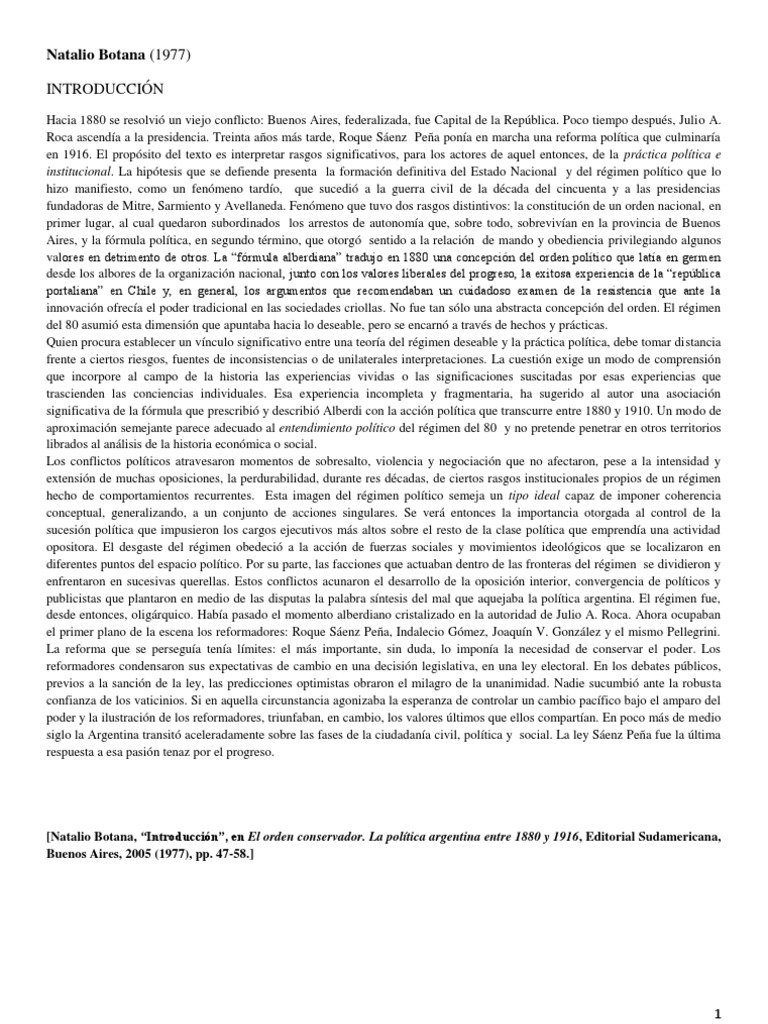 Resumen - Natalio Botana (1977) "Introducción", en El Orden Conservador ...