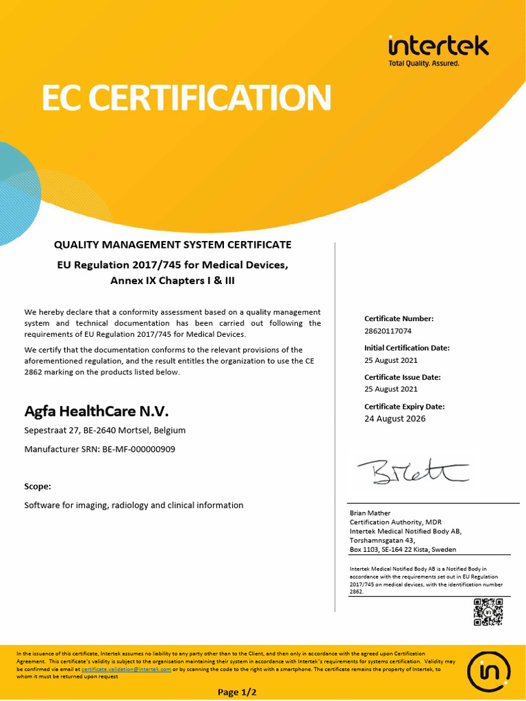 Agfa HealthCare NV - Certificate EU MDR Annex IX | PDF | Medical Device ...