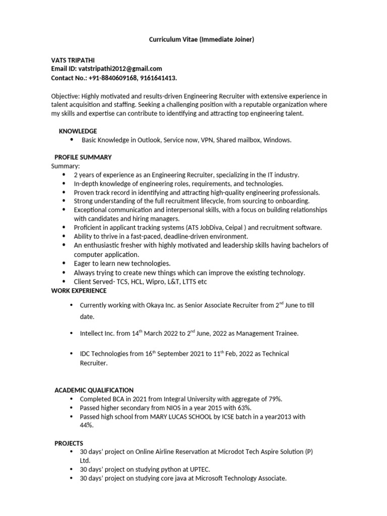 vats_tripathi Resume | PDF | Recruitment | Learning
