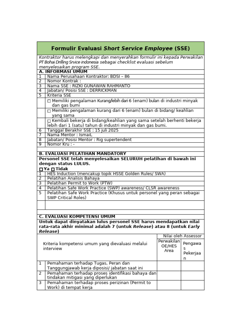 Evaluasi Kinerja Short Service Employee | PDF