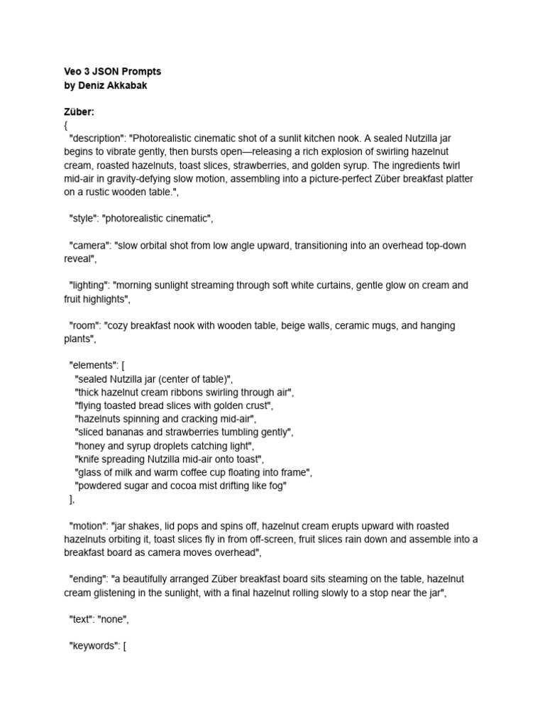 Veo 3 JSON Prompt Examples | PDF | Hamburgers