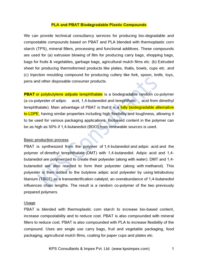 PLA & PBAT Biodegradable Plastic Compouds | PDF | Polymers | Organic ...