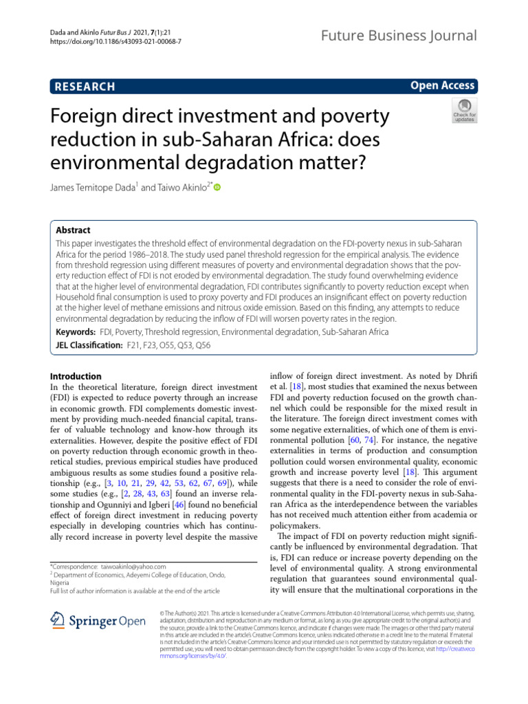 Foreign direct investment and poverty reduction in sub-Saharan Africa ...