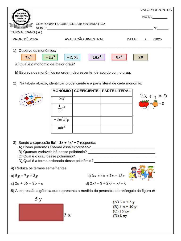 Prova 8º Ano 2025 2º Bimestre | PDF | Álgebra abstrata | Álgebra