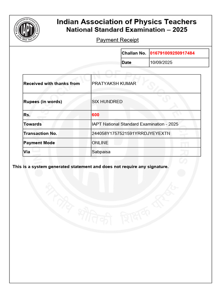 IAPT NSE 2025 Payment Receipt | PDF