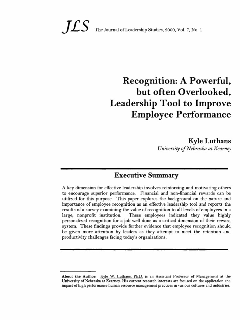 Luthans 2000 Recognition A Powerful But Often Overlooked Leadership ...