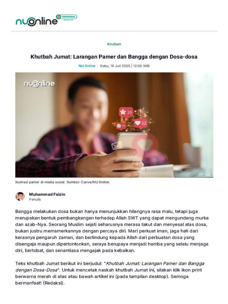 Khutbah Jumat - Larangan Pamer Dan Bangga Dengan Dosa-Dosa | PDF