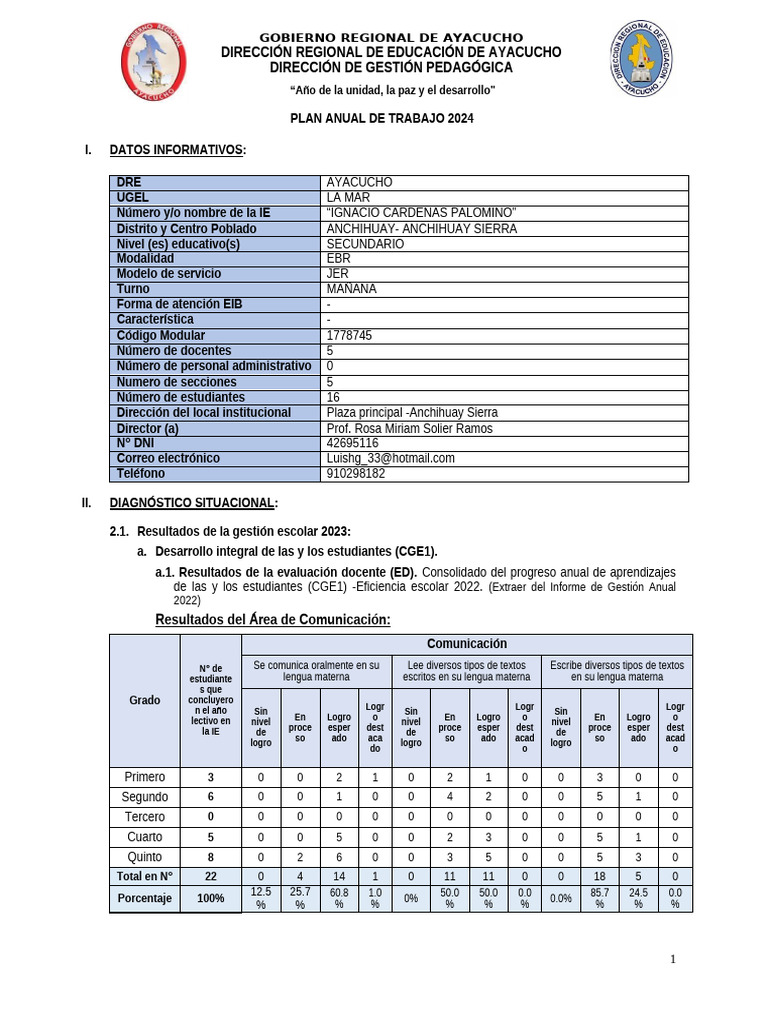 Plan Anual de Trabajo 2024 - IE Ignacio Cárdenas | PDF | Enseñando ...