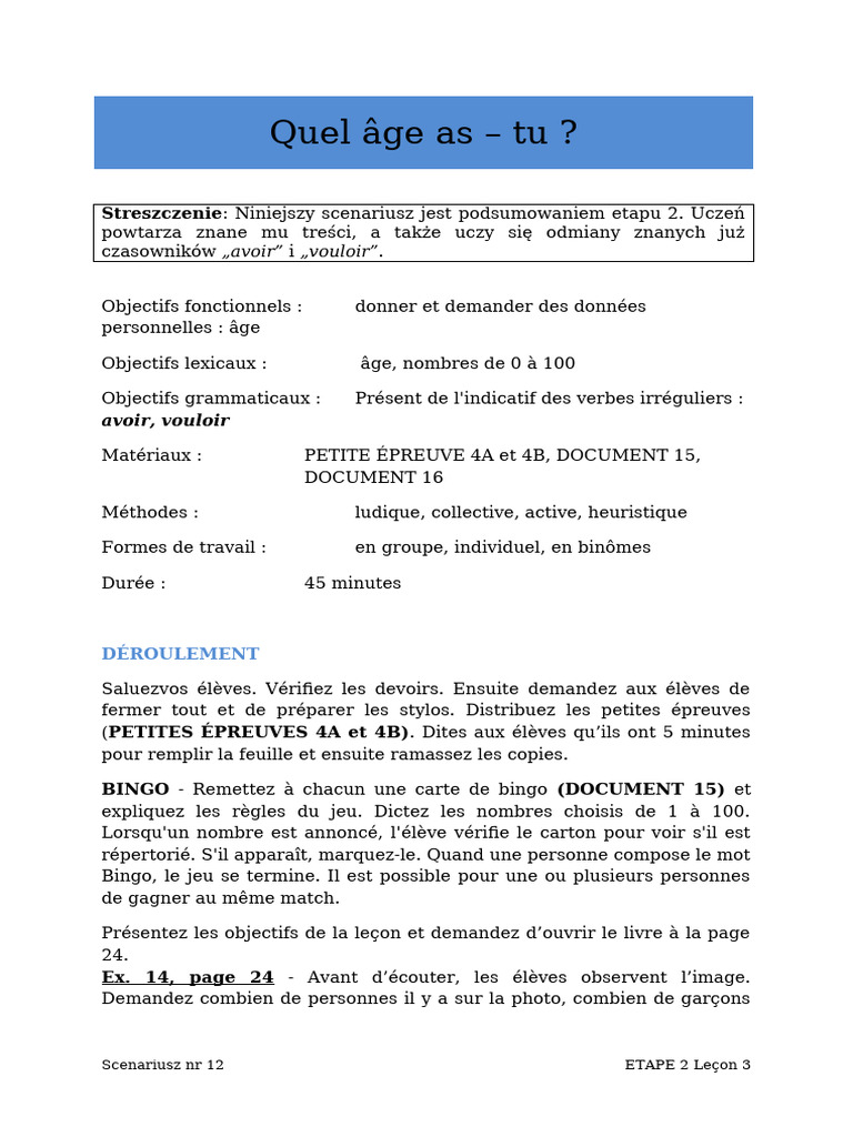 Scenariusz 12 Quel Age As - Tu | PDF | Linguistique