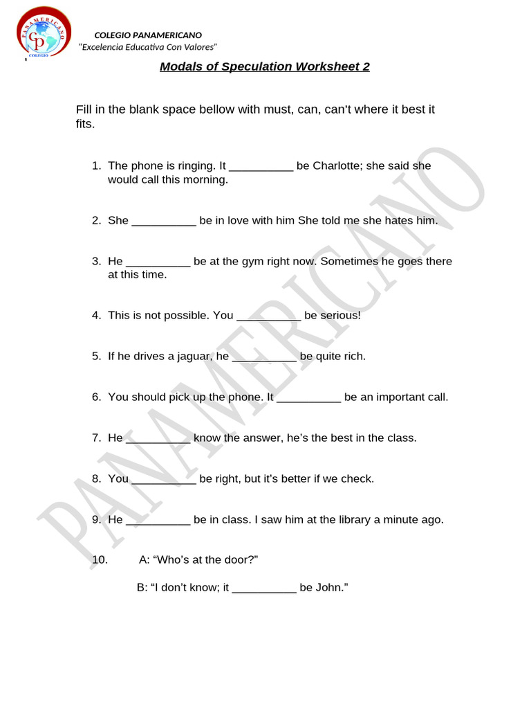 Modals of Speculation Worksheet 2 Highschool Inter | PDF