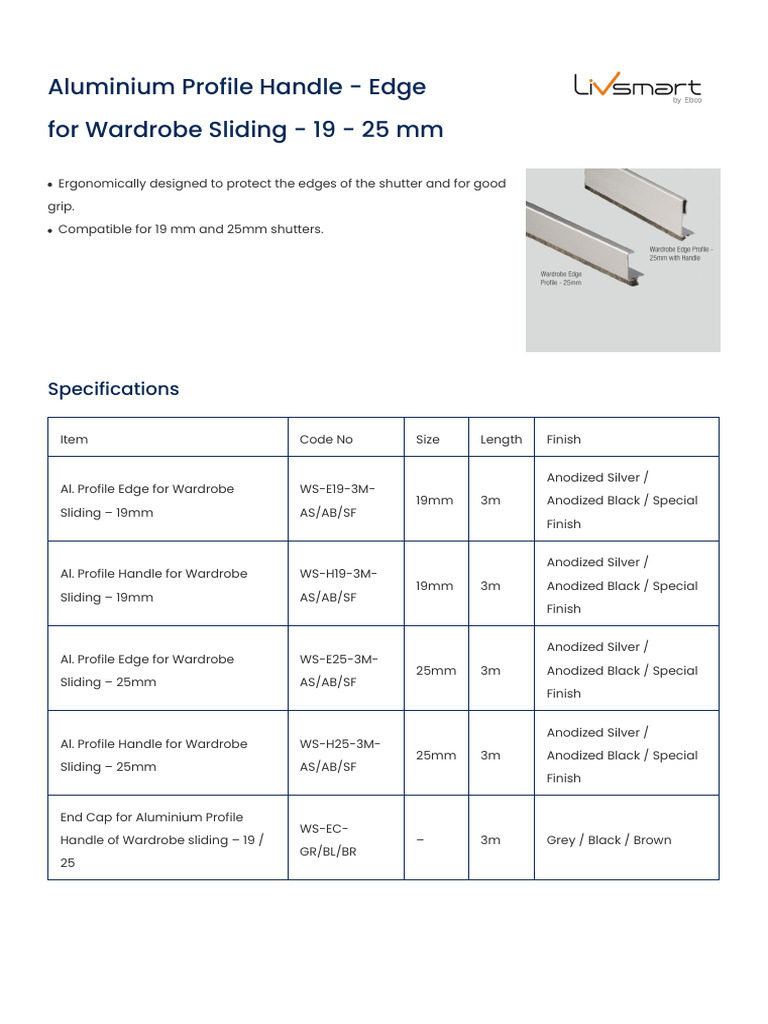 Aluminium Profile Handle - Edge For Wardrobe Sliding - 19 - 25 MM | PDF