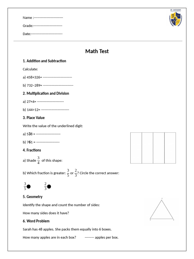Grade-Level Math Test Questions | PDF