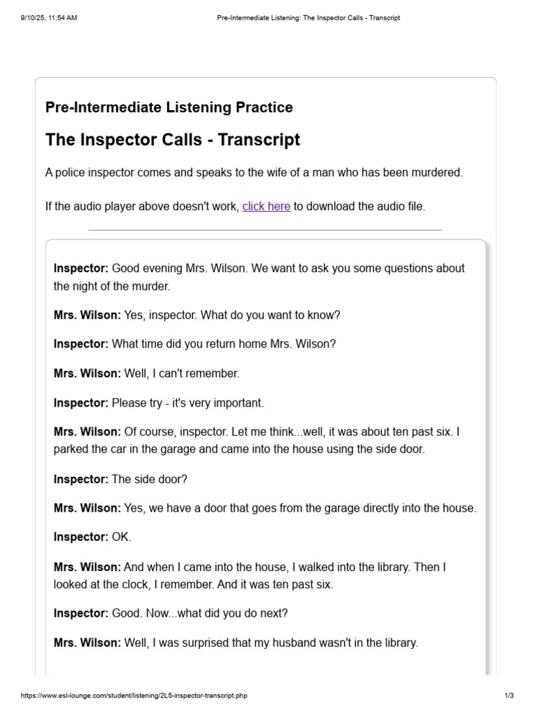 Pre-Intermediate Listening - The Inspector Calls - Transcript | PDF