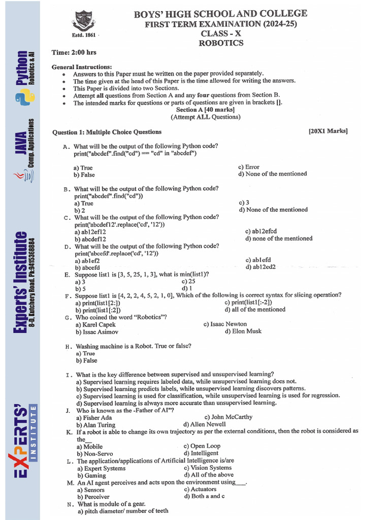X BHS First Term Robotics and AI 2024-25 | PDF