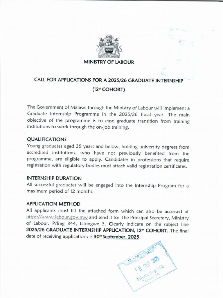 Malawi 2025 Graduate Internship Application | PDF