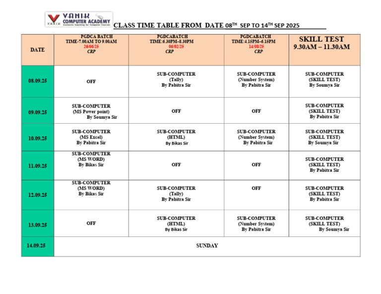 Computer Class Schedule 08th Sep - 14th Sep 2025 | PDF