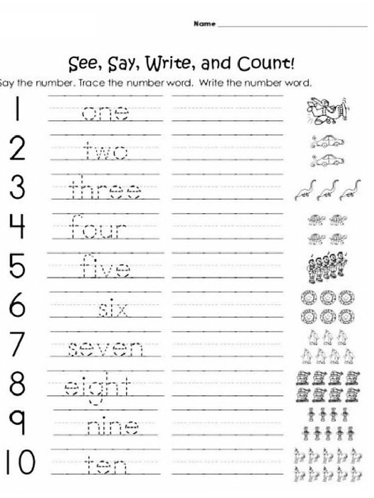 Trace The Words of The Numbers From 1 To 10 and Color The Pictures | PDF