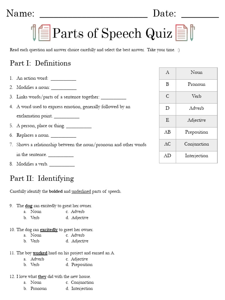 Parts of Speech Quiz Student Handout | PDF | Part Of Speech | Adverb