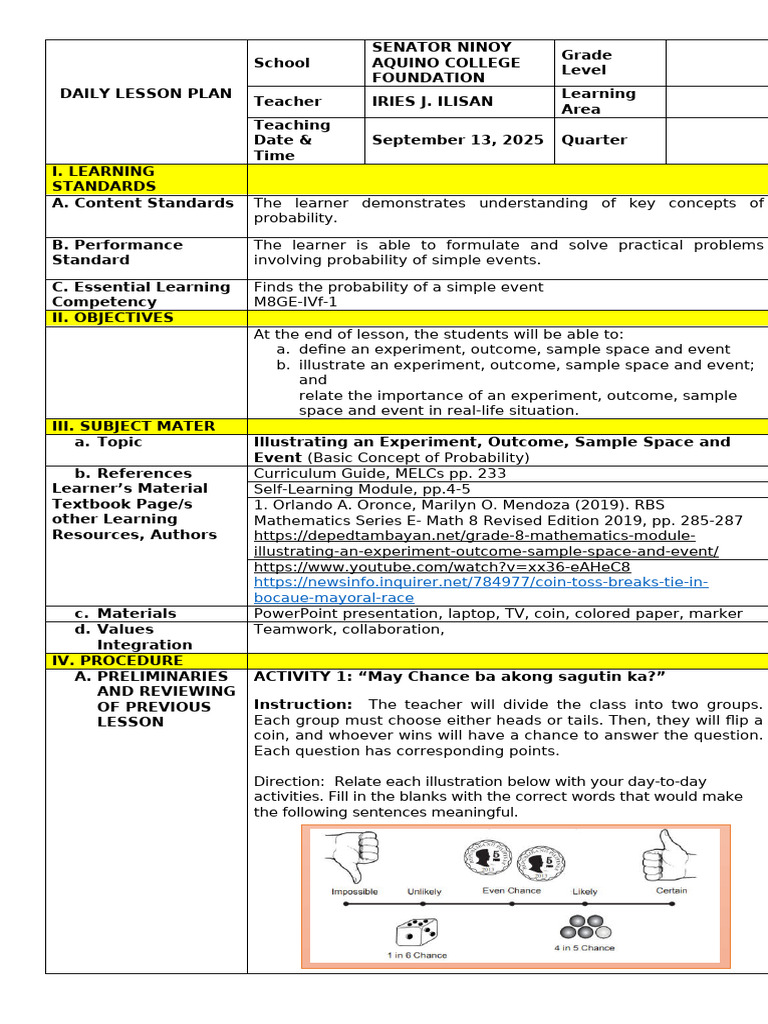 Probability Lesson Plan for Grade 8 | PDF