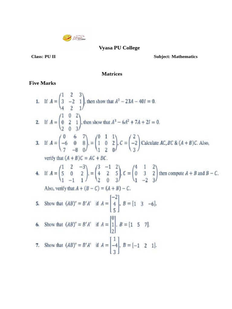 9560 Matrices Worksheet | PDF