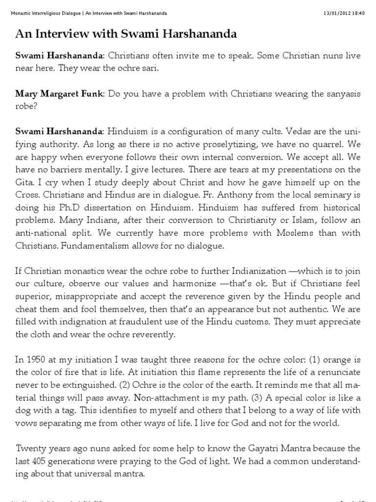 Monastic Inter Religious Dialogue - An Interview With Swami A | PDF ...