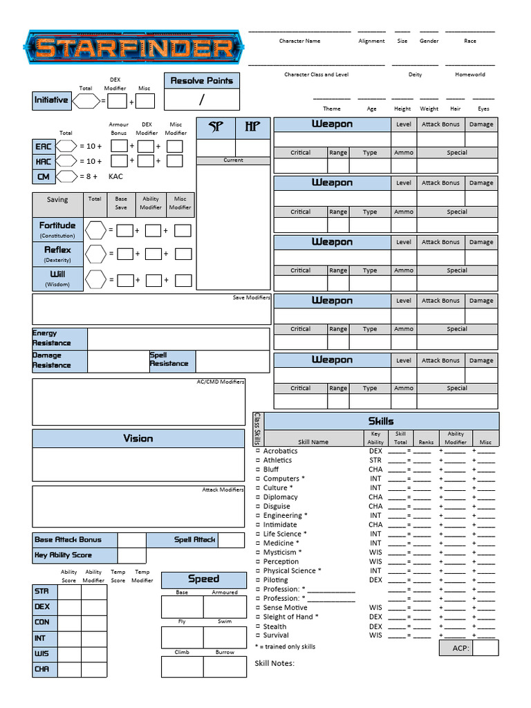 Starfinder 1E Character Skills Sheet | PDF