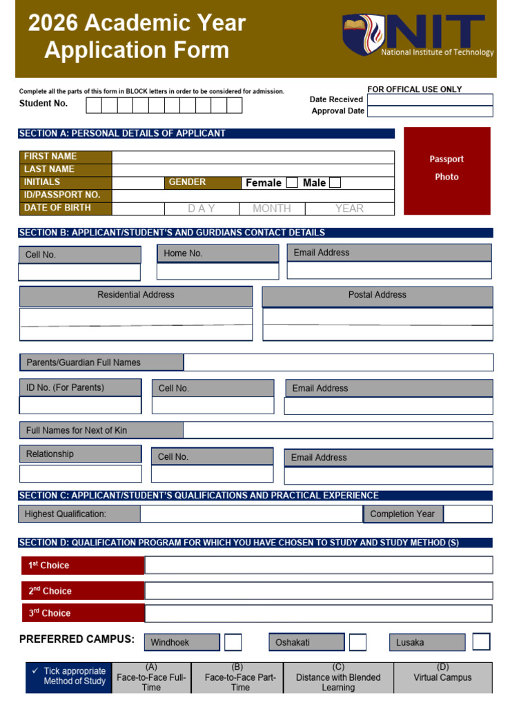 NIT Namibia Application Form 2026 | PDF | Identity Document