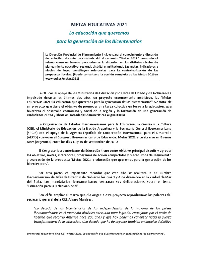 Metas Educativas 2021 | PDF | Educación Secundaria | Educación primaria