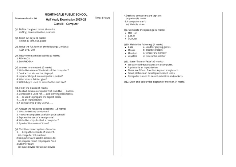 Class III Computer Half Yearly Exam 2025-26 FInal PDF | PDF | Computing | Office Equipment
