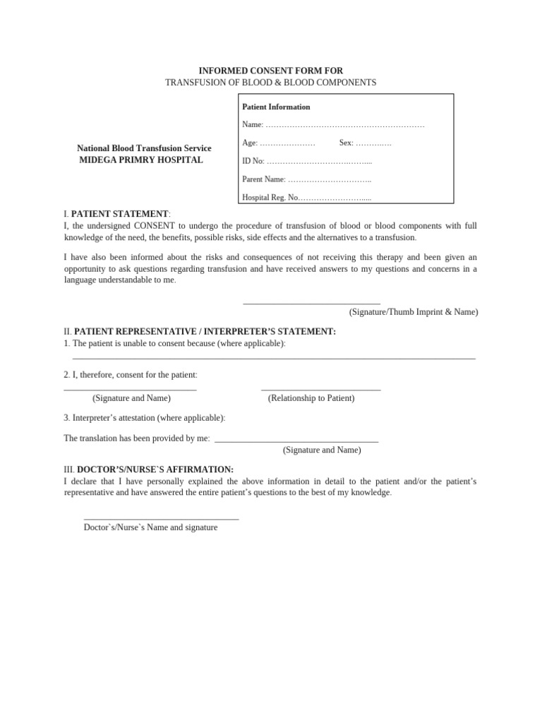 Blood Transfusion Informed Consent Form | PDF